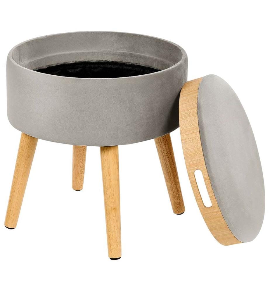Hocker Grau aus Samt / Holz mit Stauraum Tablett… | DeinDeal