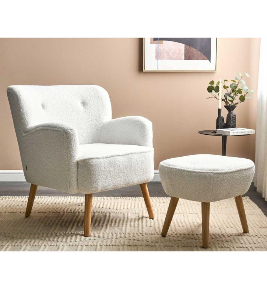 Sessel Weiss Bouclé Stoffbezug Helle Holzbeine m… | DeinDeal
