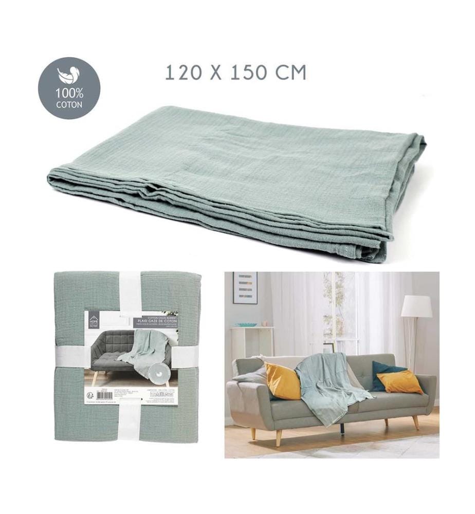 Plaid/Jete Gaze de Coton Vert Givre 120 x 150 cm | DeinDeal